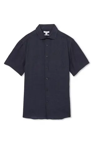 REISS Holiday Short Sleeve Linen Button-up Shirt - Navy