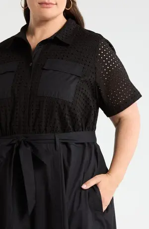 Halogen Eyelet Embroidery Midi Shirtdress
