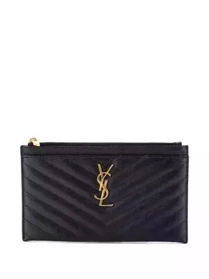 Saint Laurent Classic Monogram Zip Bill Matelasse Chevron Leather Medium Pouch - Black