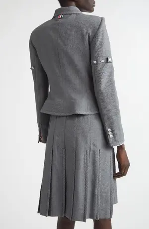 Thom Browne Crop Sculpted Shoulder Wool Seersucker Jacket - Light Grey