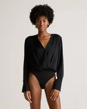Quince Washable Stretch Silk Surplice Bodysuit - Black
