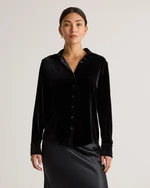 Quince Stretch Silk Velvet Long Sleeve Shirt - Black