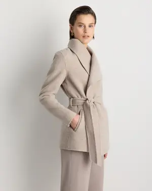 Quince Double-faced Merino Wool Draped Collar Short Wrap Coat - Oat