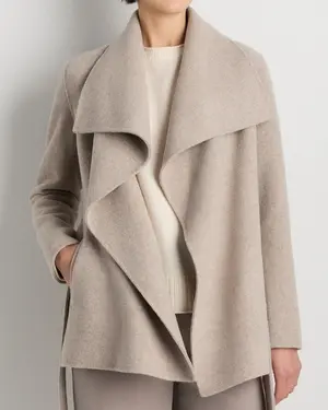 Quince Double-faced Merino Wool Draped Collar Short Wrap Coat - Oat
