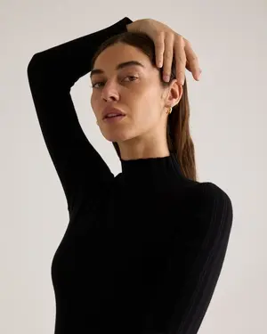 Quince Cotton Cashmere Ribbed Turtleneck Bodysuit - Black