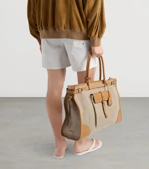 Prada Linen And Leather Route Tote Bag - Neutral