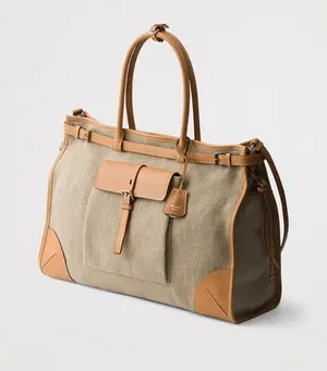 Prada Linen And Leather Route Tote Bag - Neutral