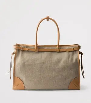 Prada Linen And Leather Route Tote Bag - Neutral