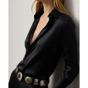 Ralph Lauren Cameron Straight Fit Charmeuse Shirt - Black