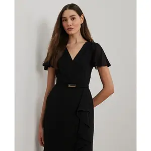 Ralph Lauren Belted Georgette Flutter-sleeve Gown