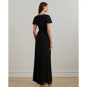 Ralph Lauren Belted Georgette Flutter-sleeve Gown