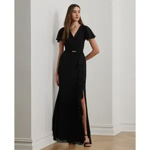 Ralph Lauren Belted Georgette Flutter-sleeve Gown
