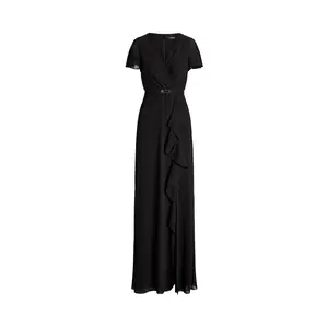 Ralph Lauren Belted Georgette Flutter-sleeve Gown