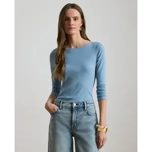Ralph Lauren Rib-knit Cotton-blend Boatneck Tee - Blue Note