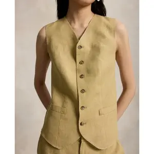 Ralph Lauren Buttoned Linen Vest - Classic Camel