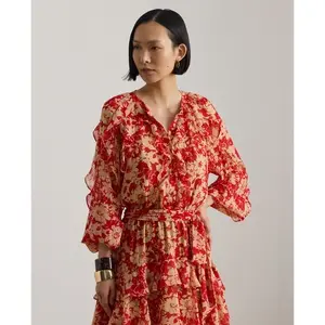 Ralph Lauren Printed Ruffle-trim Georgette Tiered Dress - Red/tan
