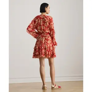 Ralph Lauren Printed Ruffle-trim Georgette Tiered Dress - Red/tan