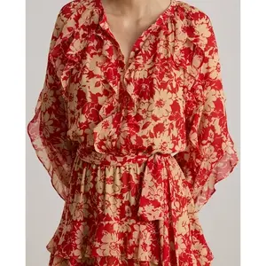 Ralph Lauren Printed Ruffle-trim Georgette Tiered Dress - Red/tan