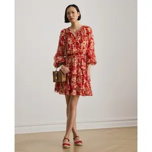 Ralph Lauren Printed Ruffle-trim Georgette Tiered Dress - Red/tan