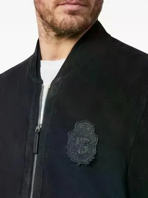 BILLIONAIRE Leather Jacket With Crest Patch - Blue