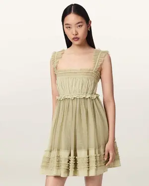 ALLSAINTS Angela Gathered Frill Mini Dress - Green