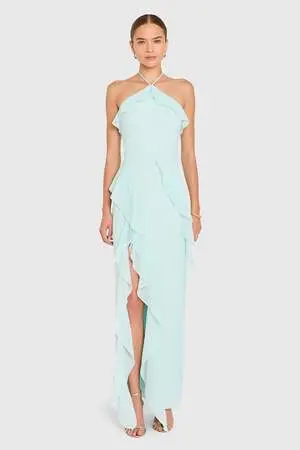 Amanda Uprichard Alessandra Chiffon Maxi Dress With Halter Neckline And Ruffled Accents - Celadon