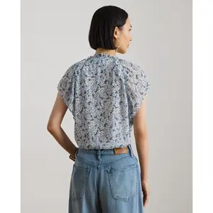 Ralph Lauren Floral Ruffle-trim Georgette Blouse - White/blue