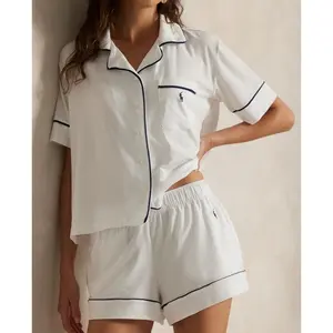 Ralph Lauren Piped Jersey Short-sleeve Pajama Set - White Cloud