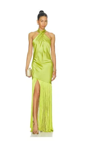 Show Me Your Mumu Halterneck Maxi Dress With Fringe Skirt - Chartreuse