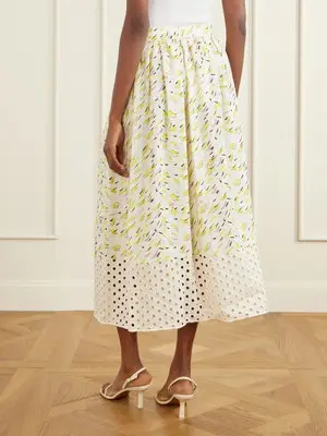 Marni Printed Linen Midi Skirt With Broderie Anglaise Trim - Yellow