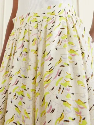 Marni Printed Linen Midi Skirt With Broderie Anglaise Trim - Yellow