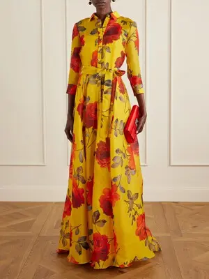 Carolina Herrera Belted Floral-print Silk-organza Gown