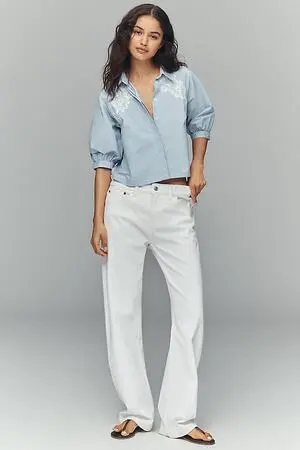 Maeve Lace Half-sleeve Buttondown Crop Shirt