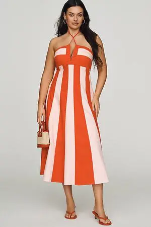 Maeve Halter Colorblock Midi Dress - Red/pink Combo