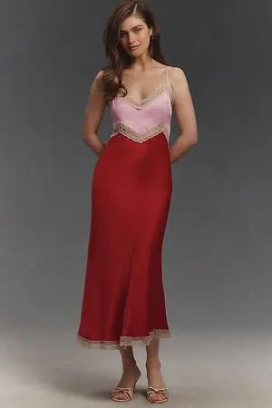 Bhldn Satin Lace Colorblock Midi Dress
