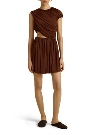 Marina Moscone Mini Gathered Draped Dress With Cap Sleeves - Umber