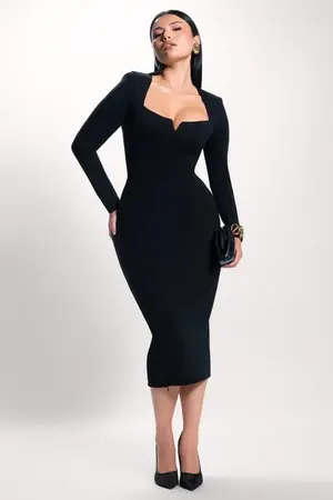 TA3 Mega Sculpting Notch Neck Long Sleeve Midi Dress