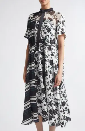 Sacai Pattern Mix Pleated Dress - White Multi