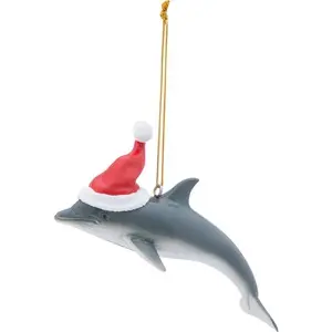 BEACHCOMBERS Dolphin With Santa Hat Ornament - Gray