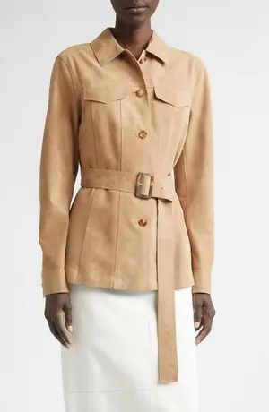 Lafayette 148 New York Belted Nubuck Leather Shirt Jacket - Oat