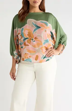 Wit & Wisdom Abstract Floral Peasant Sleeve Top