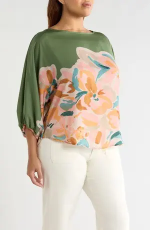 Wit & Wisdom Abstract Floral Peasant Sleeve Top