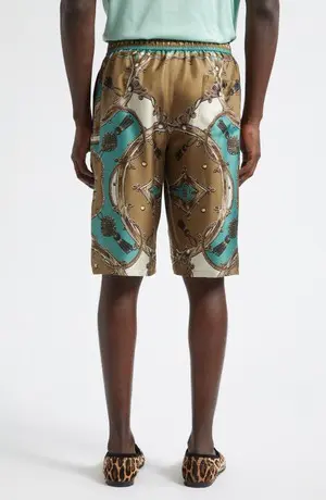 Dolce & Gabbana Cavallo Print Silk Bermuda Shorts - Corde/verdon