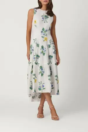 Shoshanna Embroidered Linen Cambridge Midi Dress