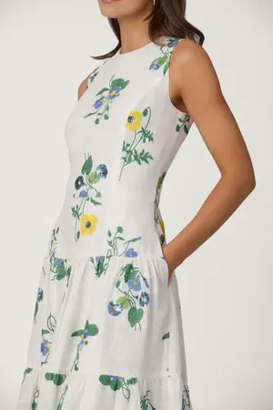 Shoshanna Embroidered Linen Cambridge Midi Dress