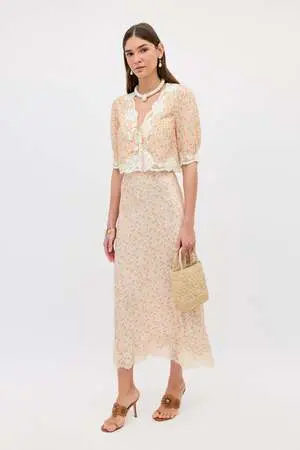 Rixo Matilde Floral Cream Midi Skirt