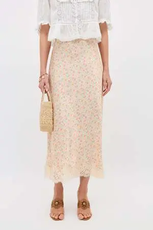 Rixo Matilde Floral Cream Midi Skirt