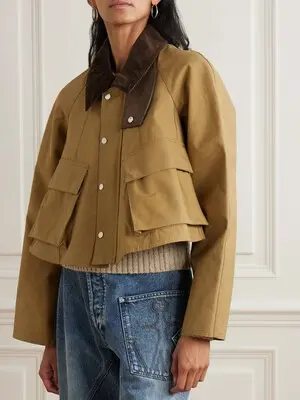 JW Anderson Cropped Corduroy-trimmed Waxed-cotton Jacket - Neutrals