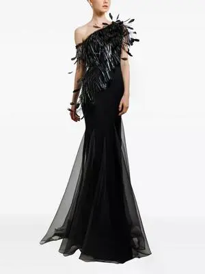 GEMY MAALOUF Asymmetrical Feather Neckline Dress