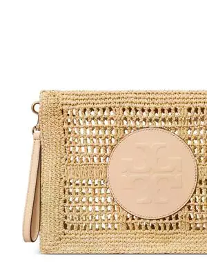 Tory Burch Logo Patch Woven Raffia Clutch With Wristlet - Neutrals
